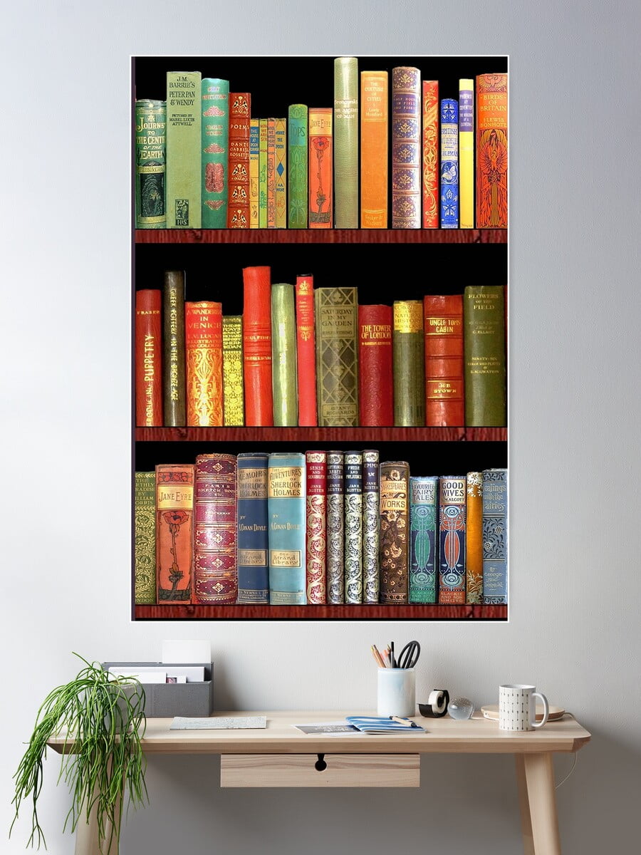 Bookworm Antique Book Library, Vintage Book Shelf Poster Wall Art ...