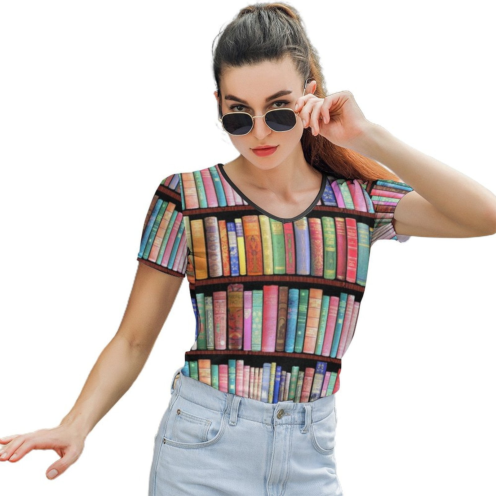 Bookworm Antique Book Library, Vintage Book Shelf Women's V-Neck Short ...