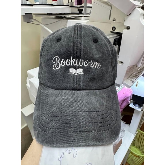 Bookworm Script Embroidered Washed Cotton Baseball Cap, Reader Gift Hat ...