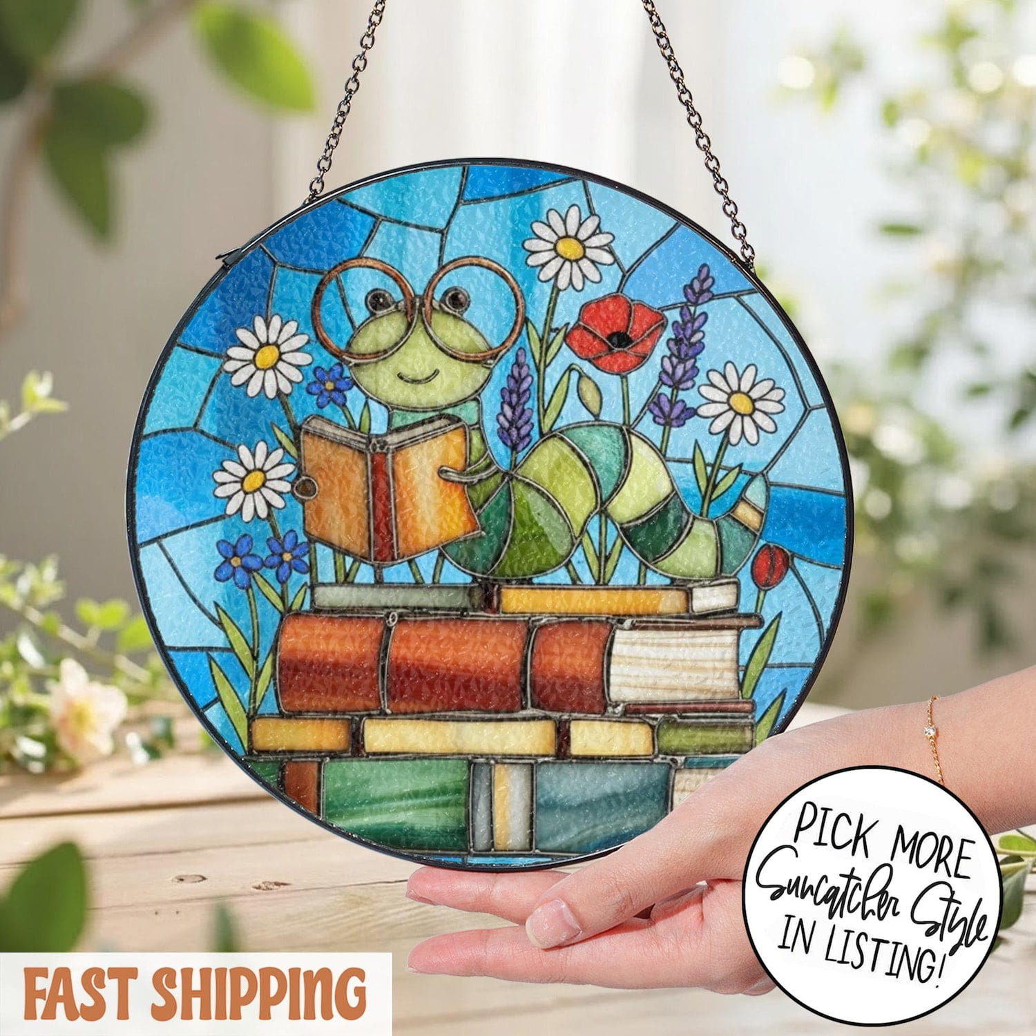 Bookworm Suncatcher, Vibrant Stained Glass Style Window Hanging ...