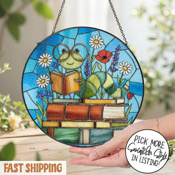 Bookworm Suncatcher, Vibrant Stained Glass Style Window Hanging ...