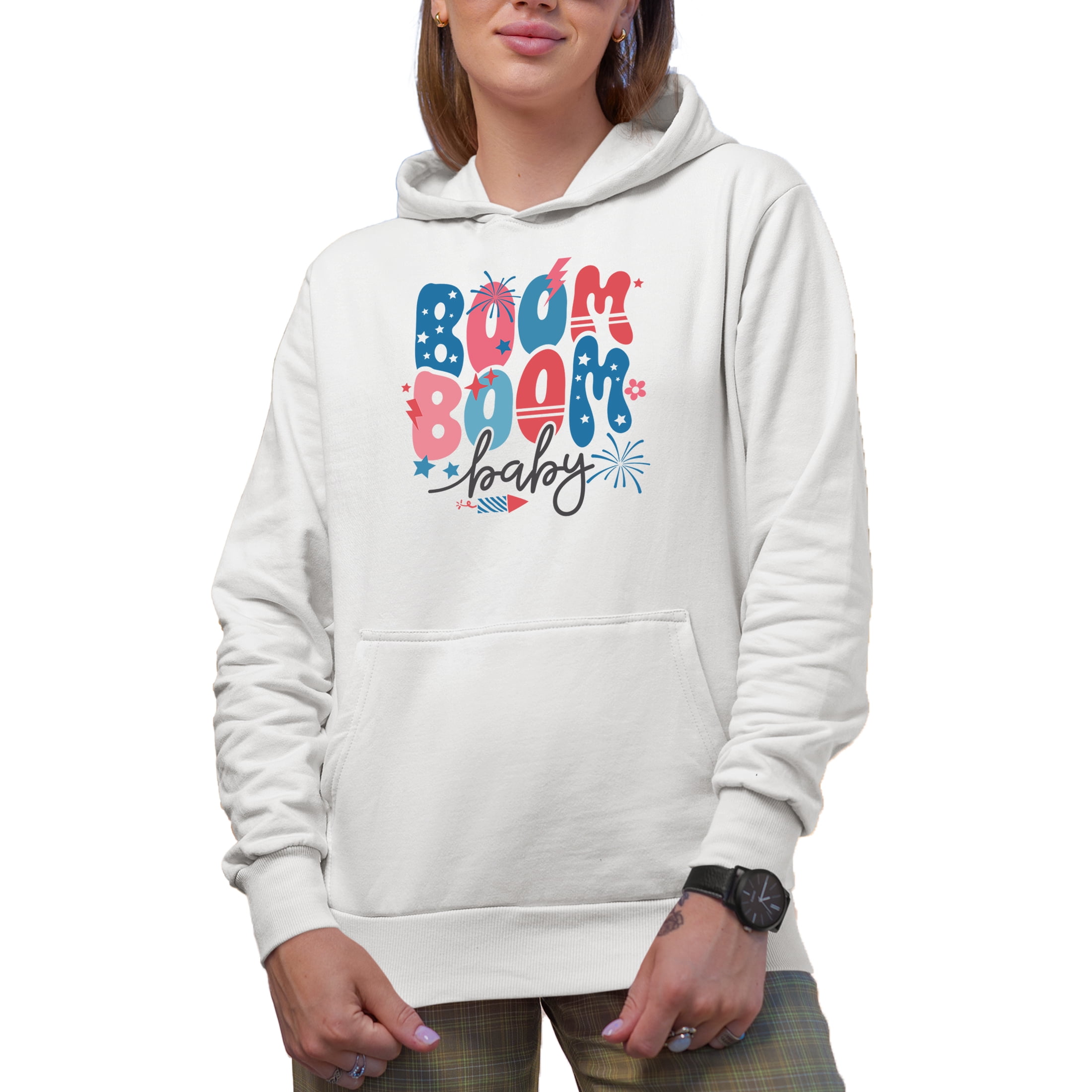 Boom Boom Baby, 4th of July Art Merch Gift, White Hooded Sweatshirt or ...