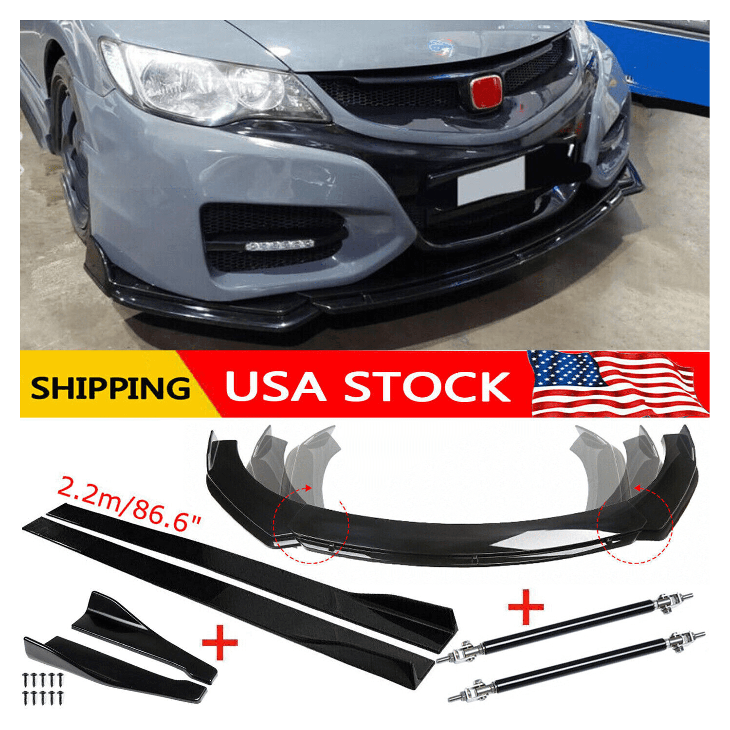 Booming up Front Rear Bumper Lip Spoiler Body Kit Splitter Side Skirt ...