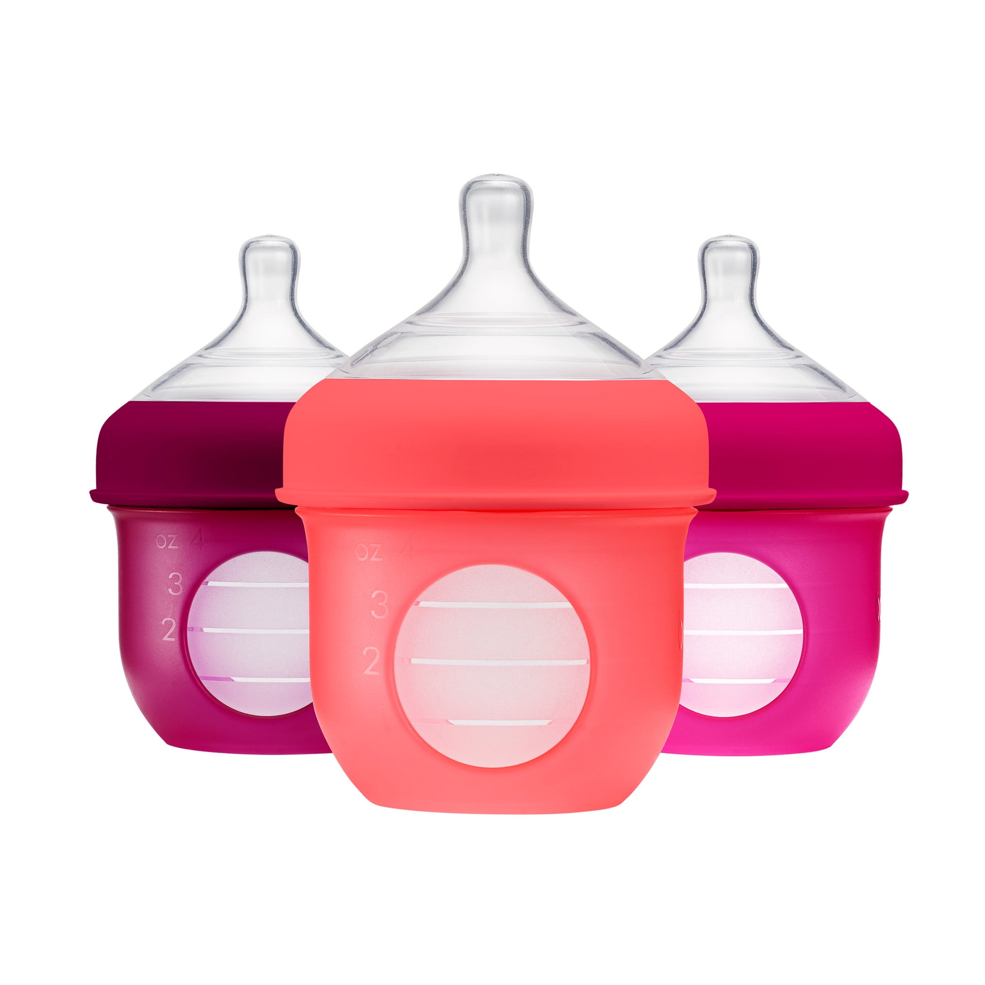 Boon Nursh Reusable Silicone Pouch Baby Bottle Air Free Feeding Pink Multi Pack 4 Oz 3 Pk