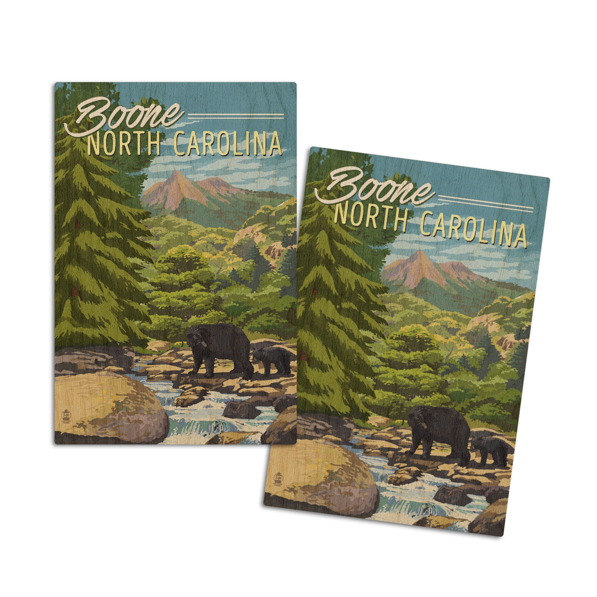 Boone, North Carolina, Bear Family and Creek (4x6 Birch Wood Postcards ...