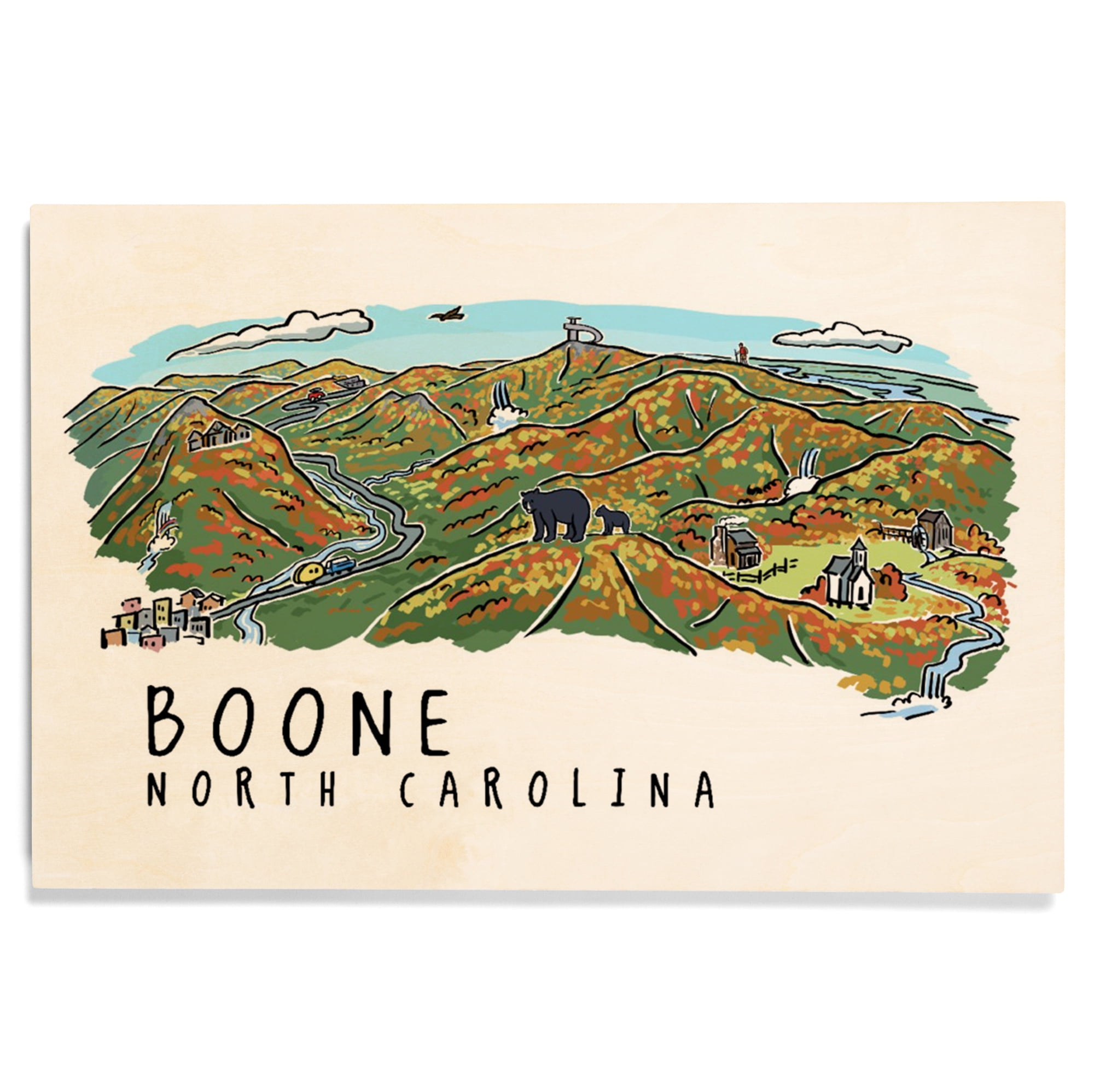 Boone, North Carolina, Line Drawing Birch Wood Wall Sign (12x18 Rustic ...