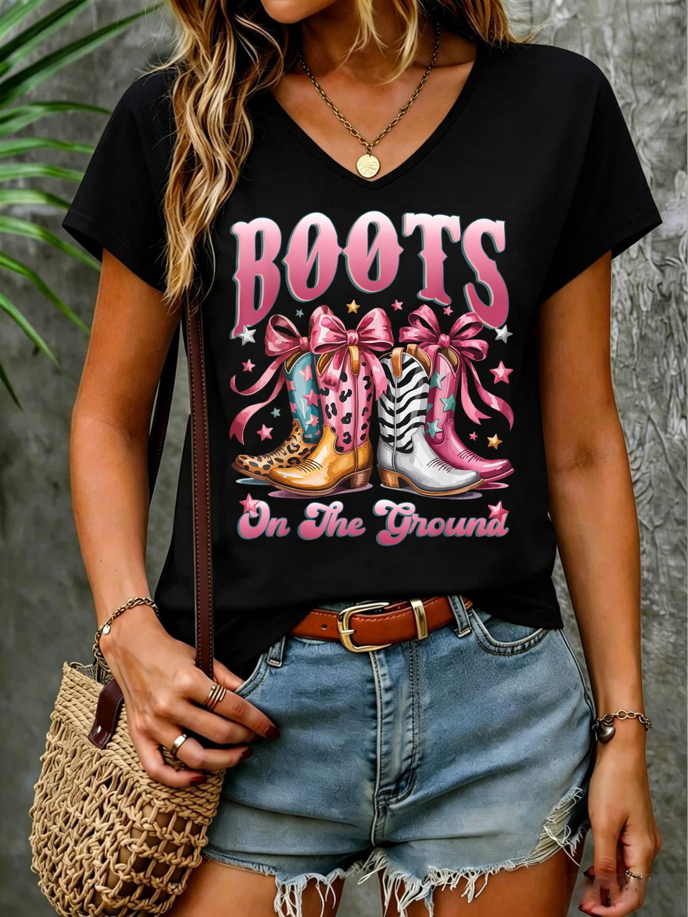 Boot Cowboy Western Cowgirl Pink Leopard Boots on The Ground V Neck T ...