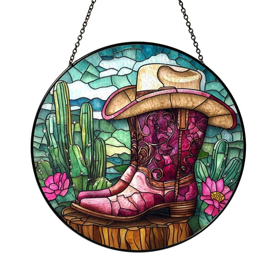 Boot and Hat Scene Round Suncatcher – Stained Glass Style Western ...