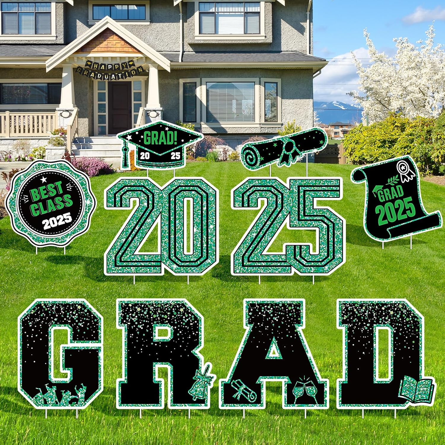 Bootesun 10PCS Graduation Yard Signs Decorations, 2025 Green Congrats ...