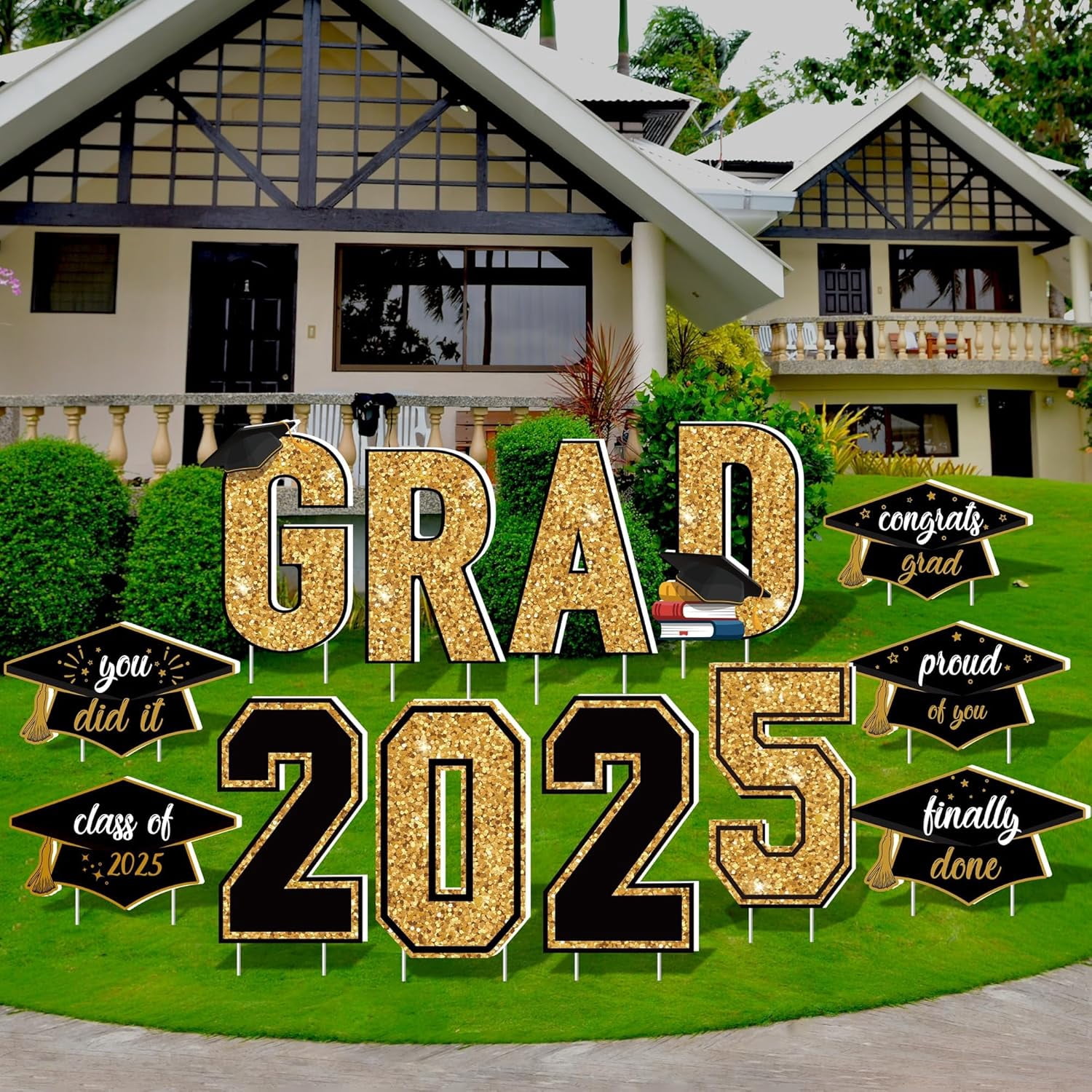 Bootesun 13 PCS 2025 Graduation Yard Signs, Black Gold Class Of 2025 ...