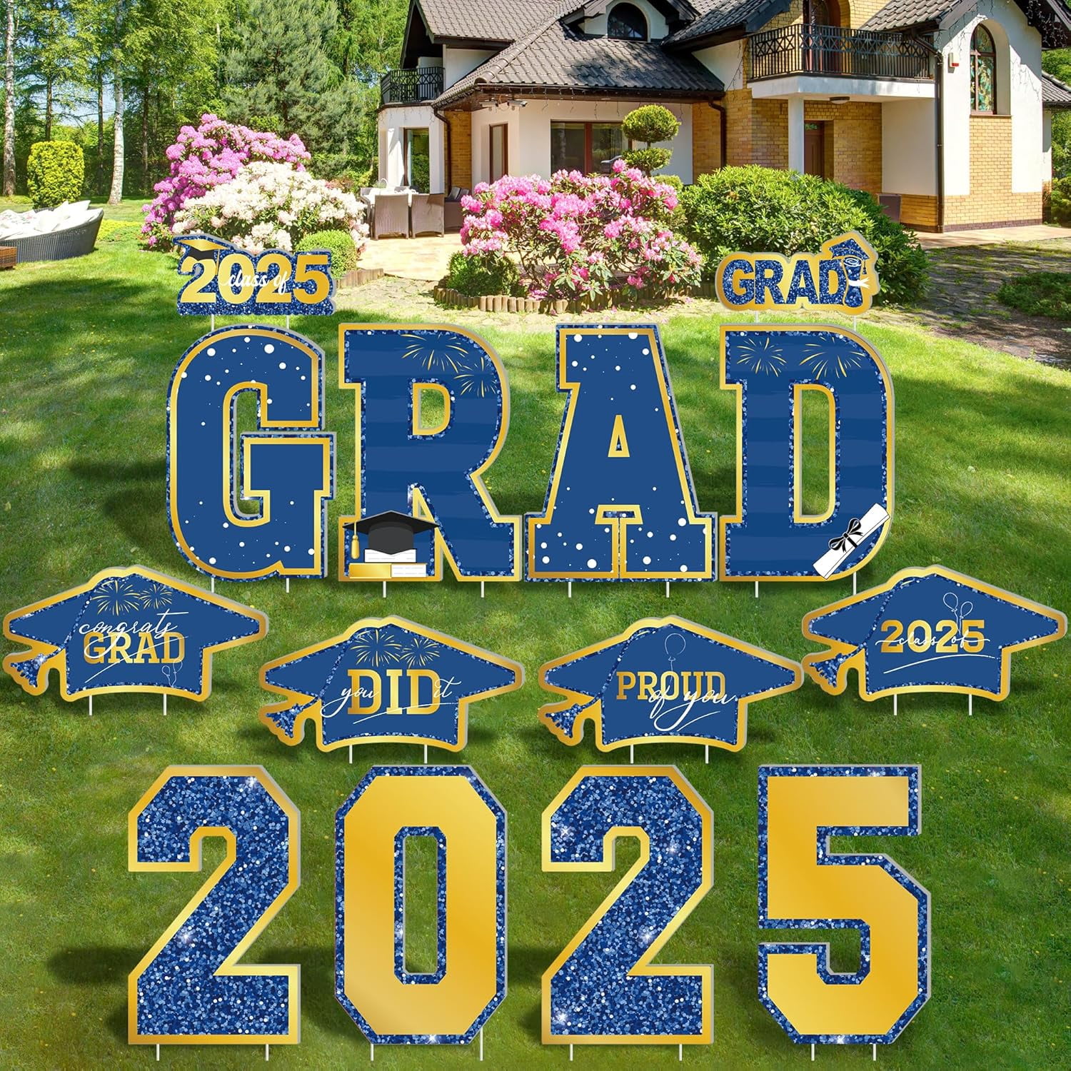 Bootesun 14PCS Graduation Yard Sign, Large Bluegold Congrats Grad Lawn ...