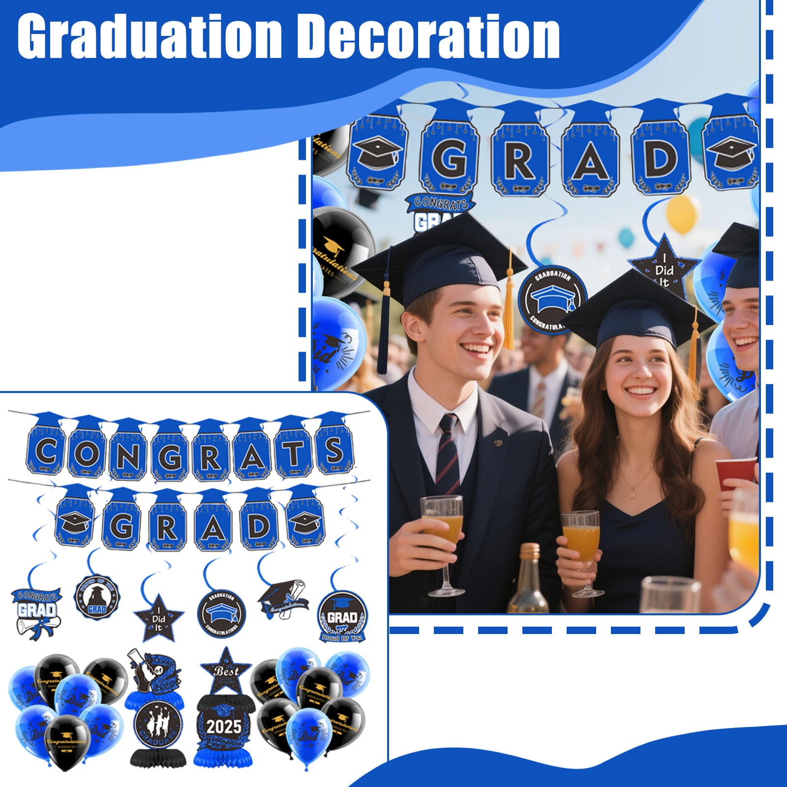 Bootesun 2025 Graduation Party Decors Bule & Black Congratulations Grad ...