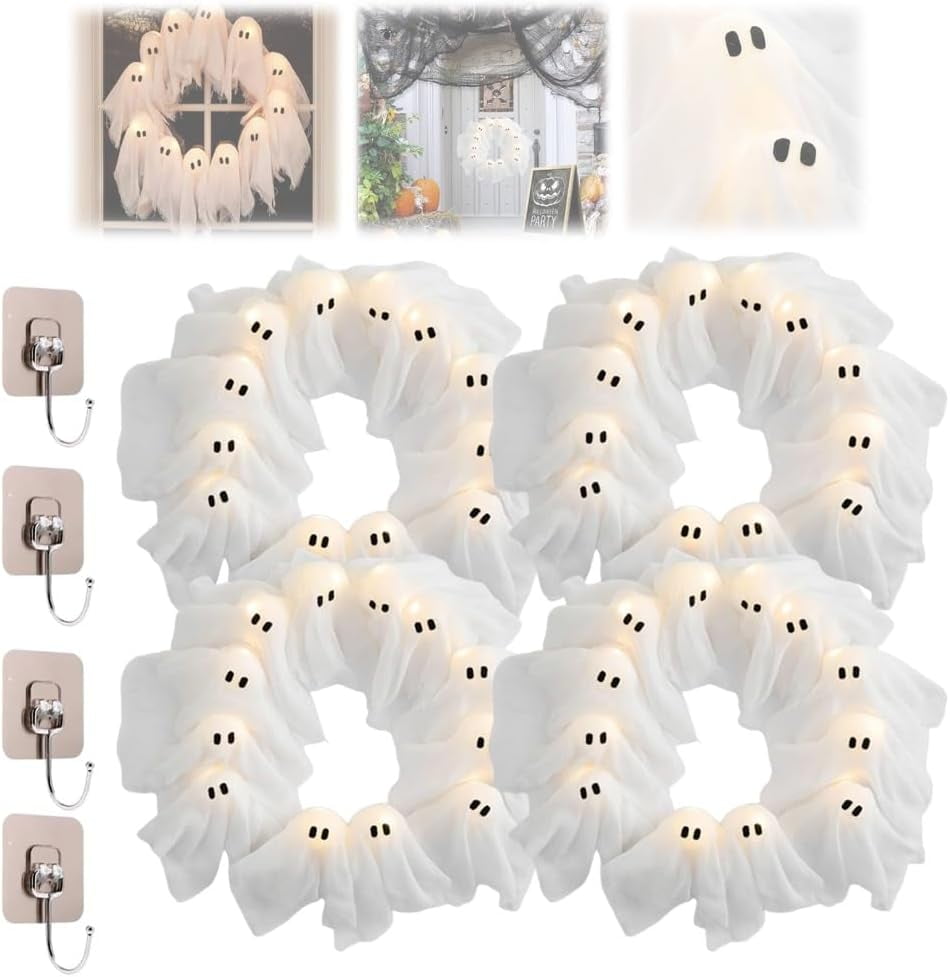 Bootesun Halloween DIY Lit Ghosts Door Wreath, 4PCS LED Light-Up White ...