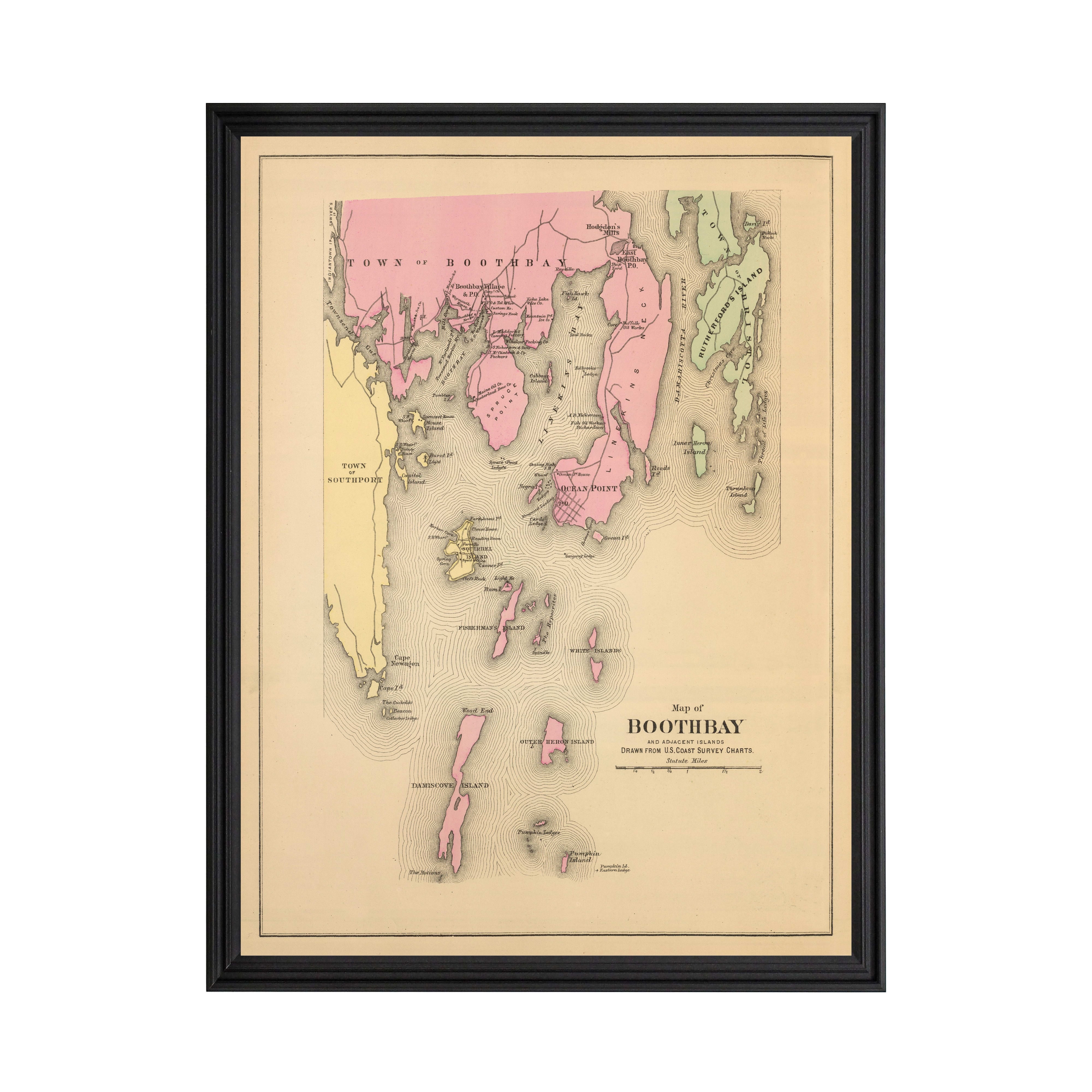 Boothbay Art, 1894 Vintage Map of Boothbay Maine, ME History Wall Decor ...