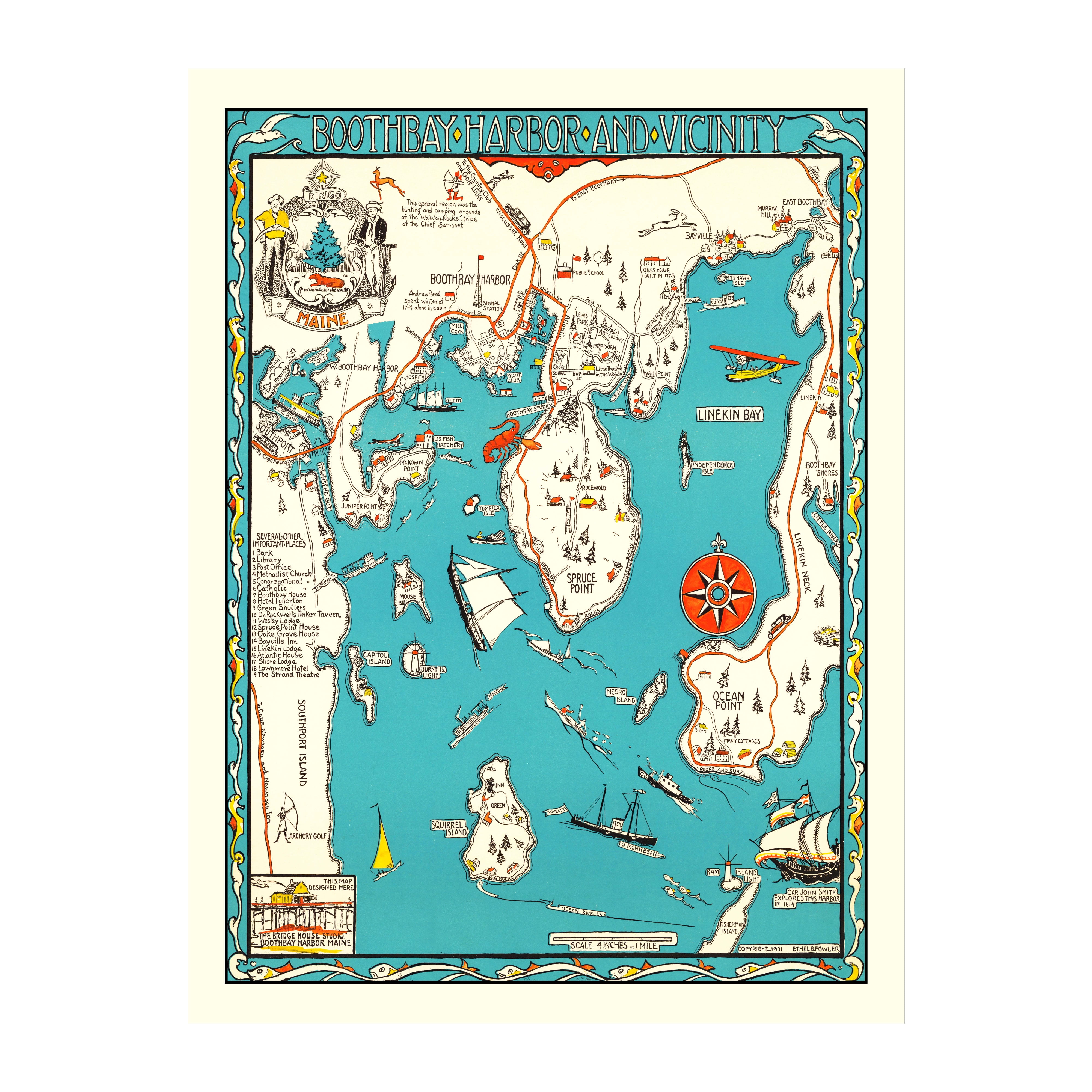 Boothbay Harbor Art, 1931 Vintage Map of Boothbay Harbor History Wall ...