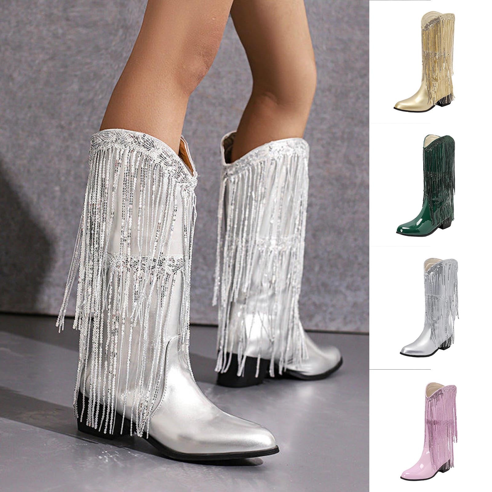 Booties for Women Knee-Length Chunky Heel Round Toe Solid Color Womens ...