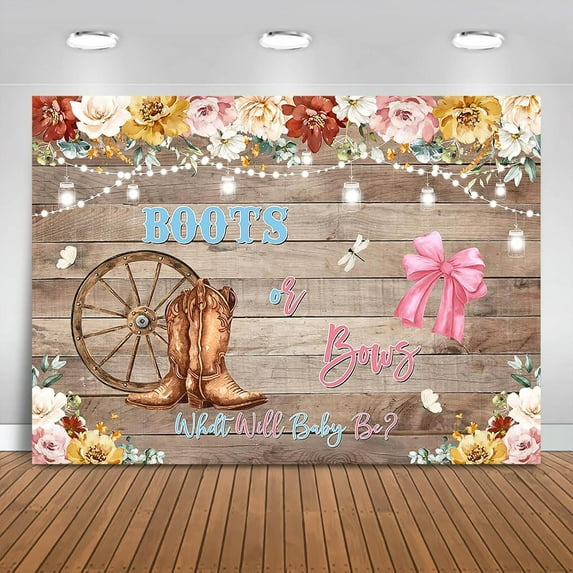 Boots or Bows Gender Reveal Backdrop Floral Rustic Wood Gender Reveal ...