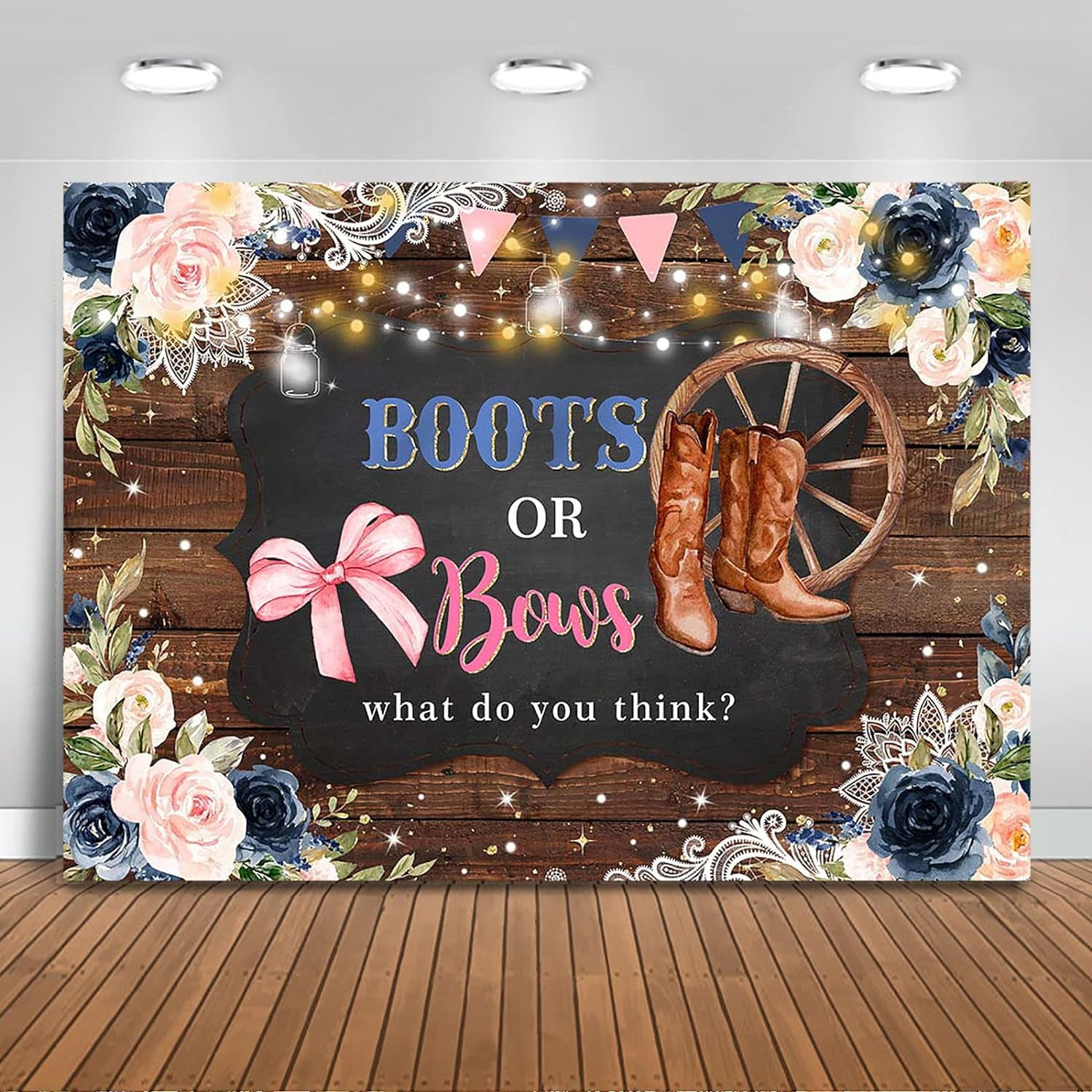 Boots or Bows Gender Reveal Backdrop He or She Rustic Wood Floral Baby ...