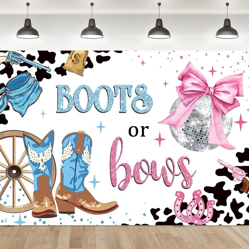 Boots or Bows Gender Reveal Backdrop Western Pink Blue Cowboy Cowgirl ...