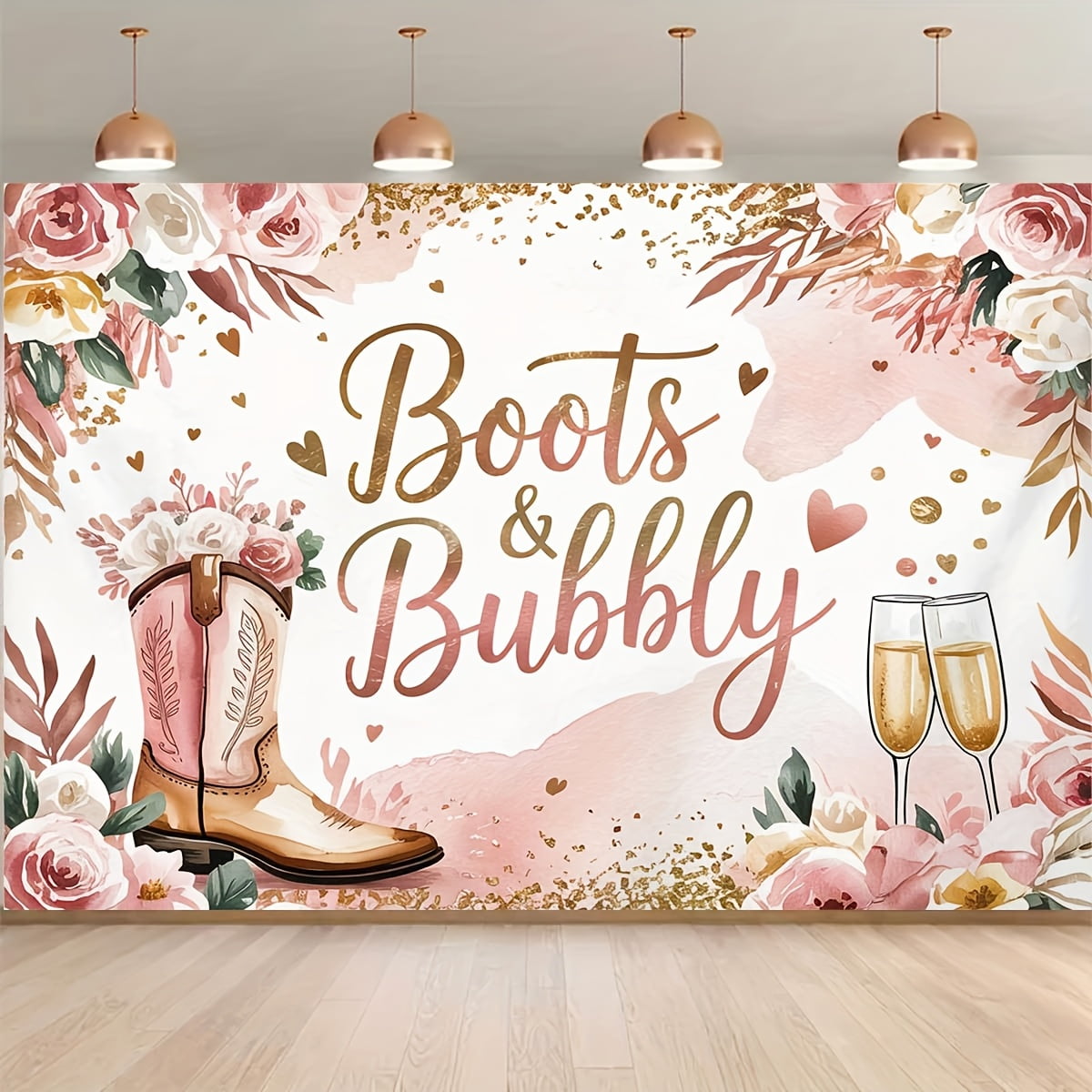 Boots and Bubbly Bridal Shower Backdrop Boho Western Pink Floral ...