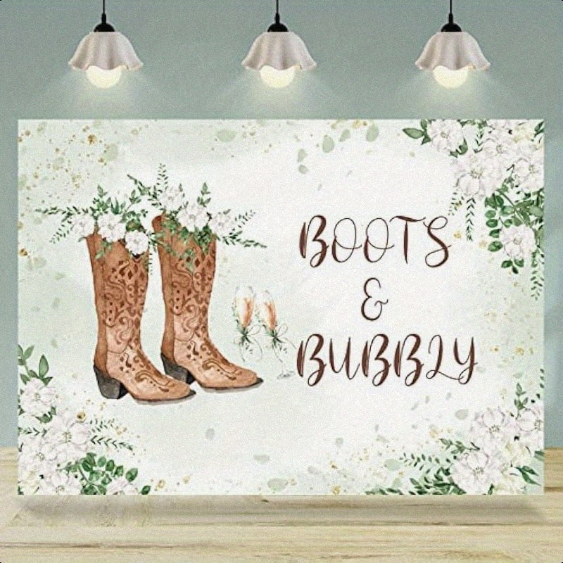 Boots and Bubbly Bridal Shower Backdrop Western Leaves Flowers Wedding Photography Background ...