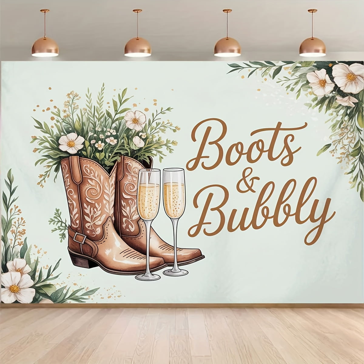 Boots & Bubbly Western Wedding Backdrop Mint Green Floral Cowboy Boots ...