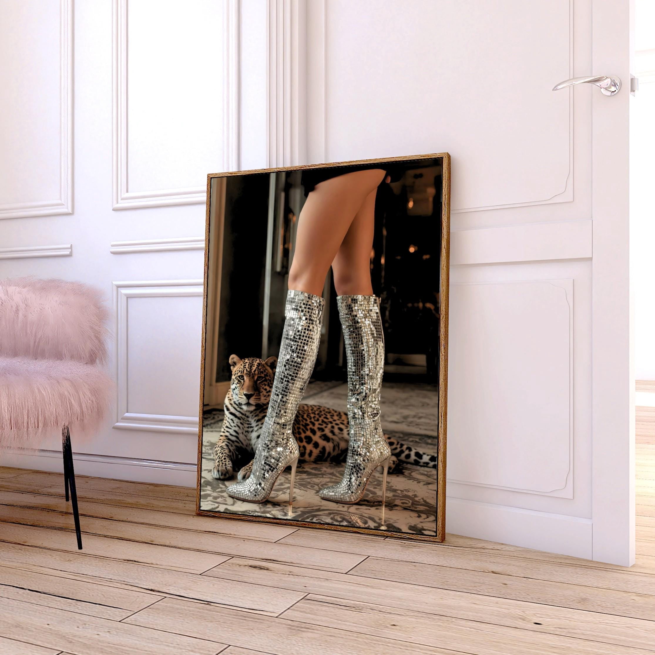 Boots Print Disco Ball Poster Fashion Magazine Leo.Pard Heels Wall Art ...