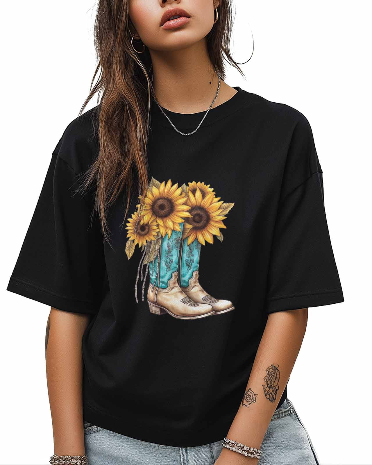 Boots T Shirts for Women Short Sleeve Cotton Crewneck T-Shirt Sunflower ...