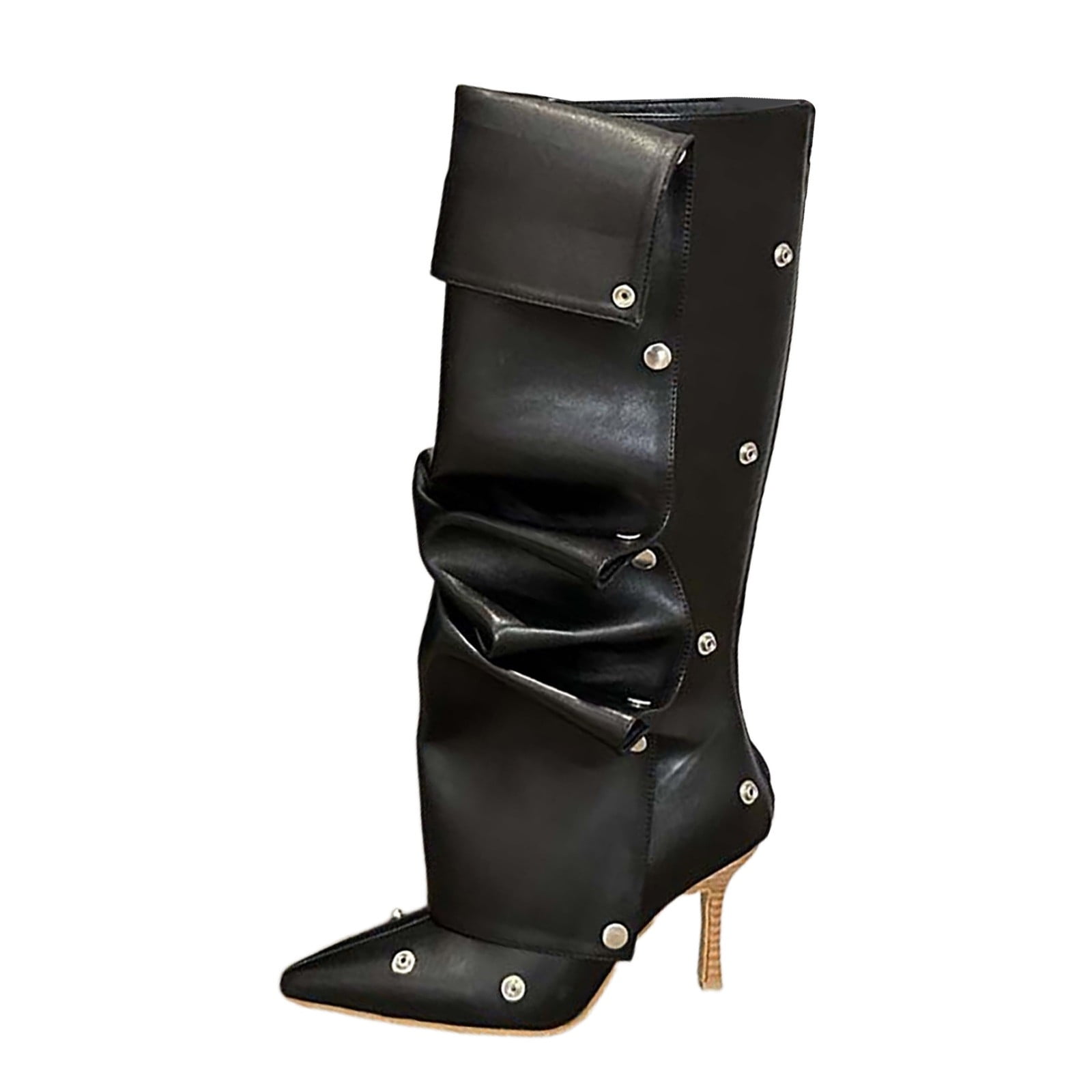 Boots for Women High Heel Pointed Toe Fold Over Booties Button Pull On ...