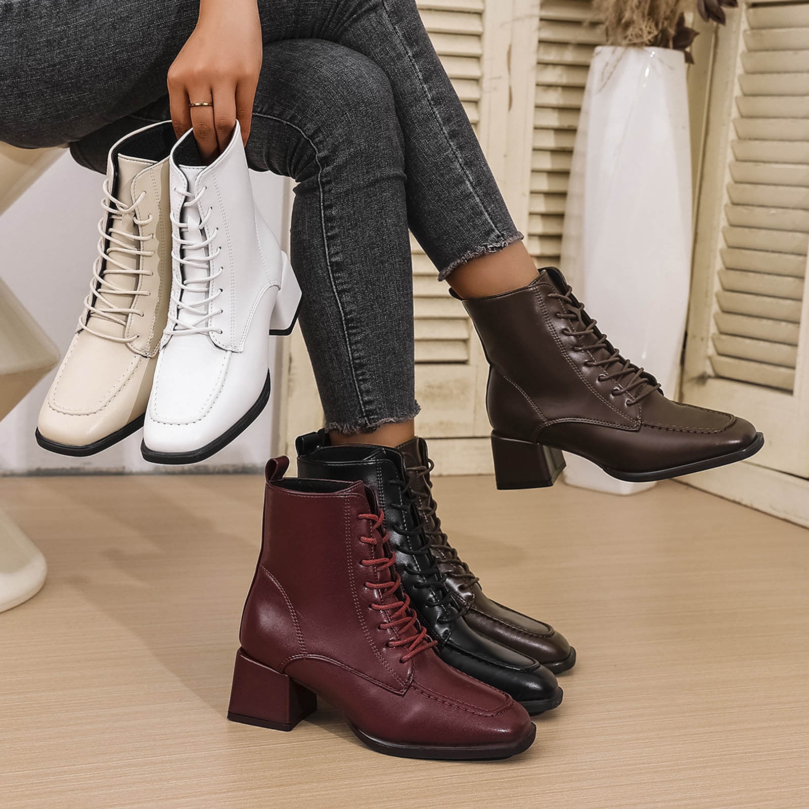 Boots for Women Square Toe Chunky Heel Lace-up Ankle Short Boots Women ...