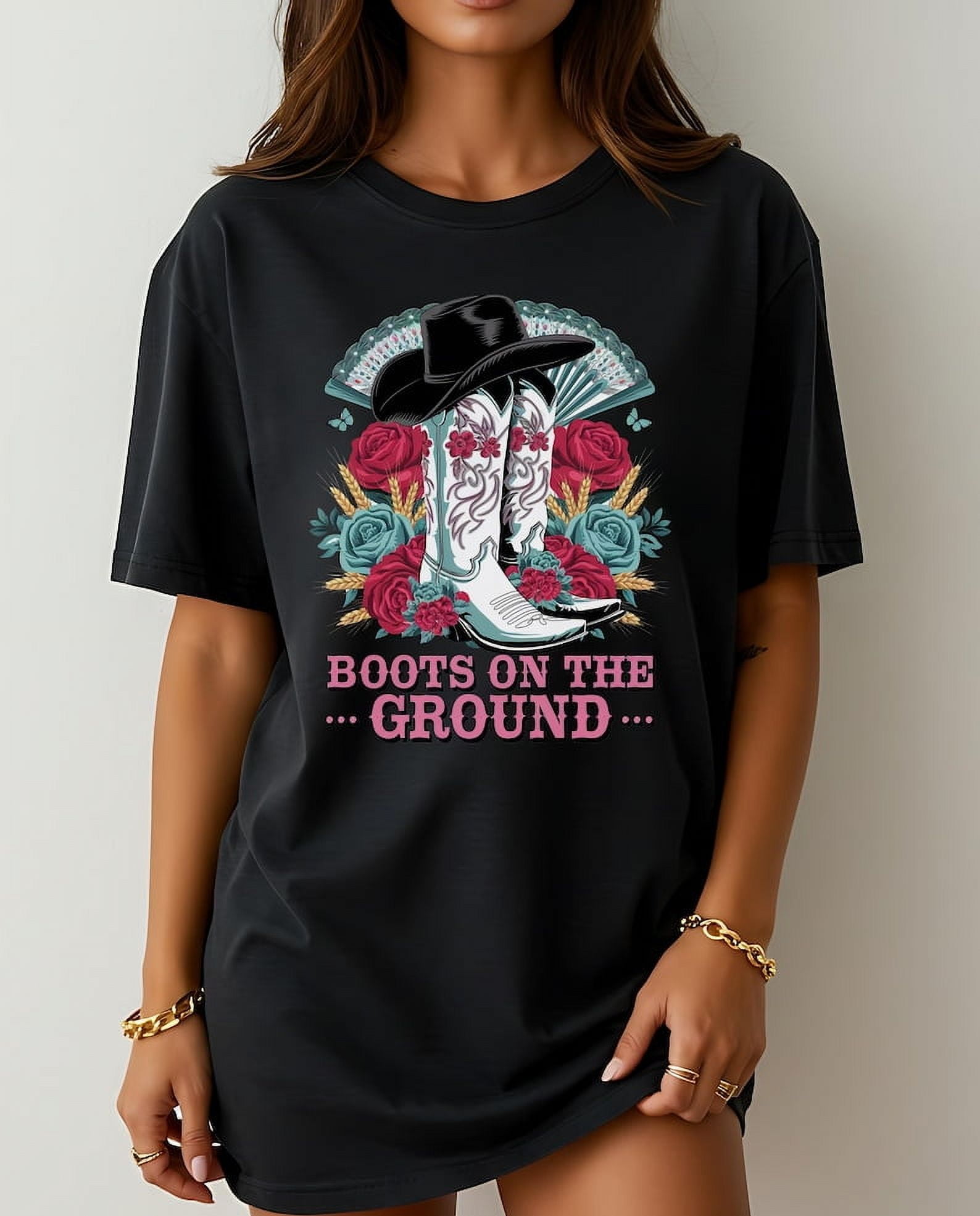 Boots on the Ground Cowgirl Shirt Western Floral Cowboy Boots Tee with ...