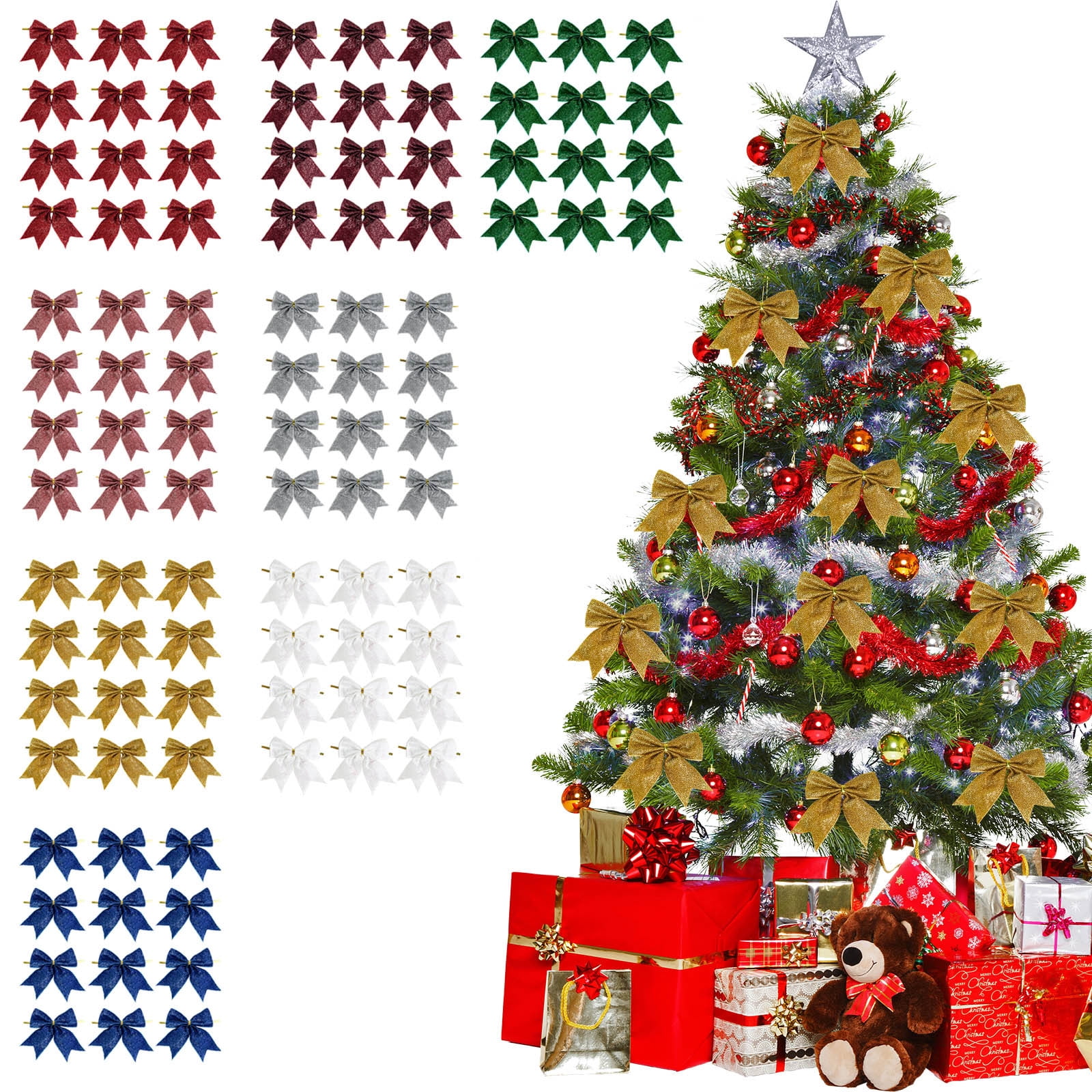 Boovnll 12Pcs Glitter Christmas Bows, Mini Christmas Tree Bows ...