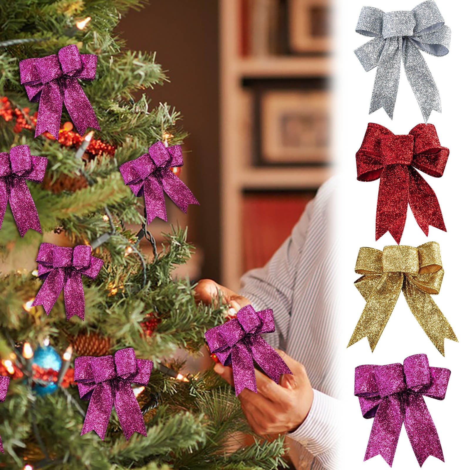 Boovnll Christmas Bows, Glitter Large Christmas Tree Bows Ornaments for ...