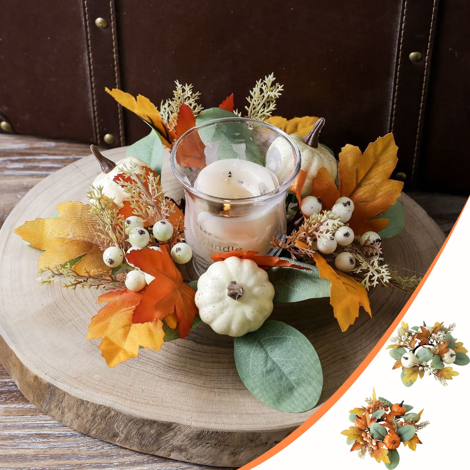 Boovnll Fall Candle Rings, Artificial Pumpkins Maple Leaves Berries ...