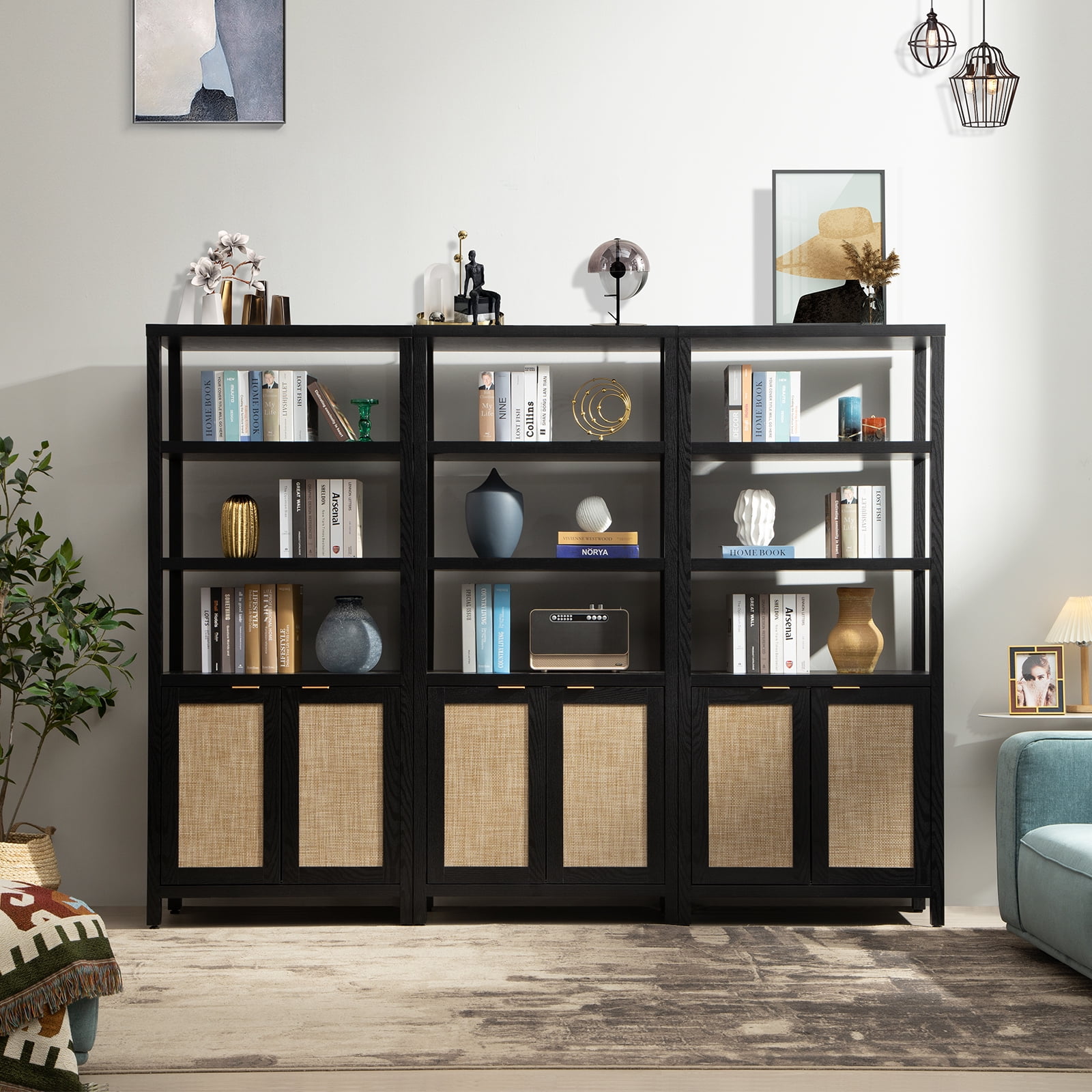 Boowill 5 Shelf Bookcase Rattan Bookshelf with Doors Boho Standing ...