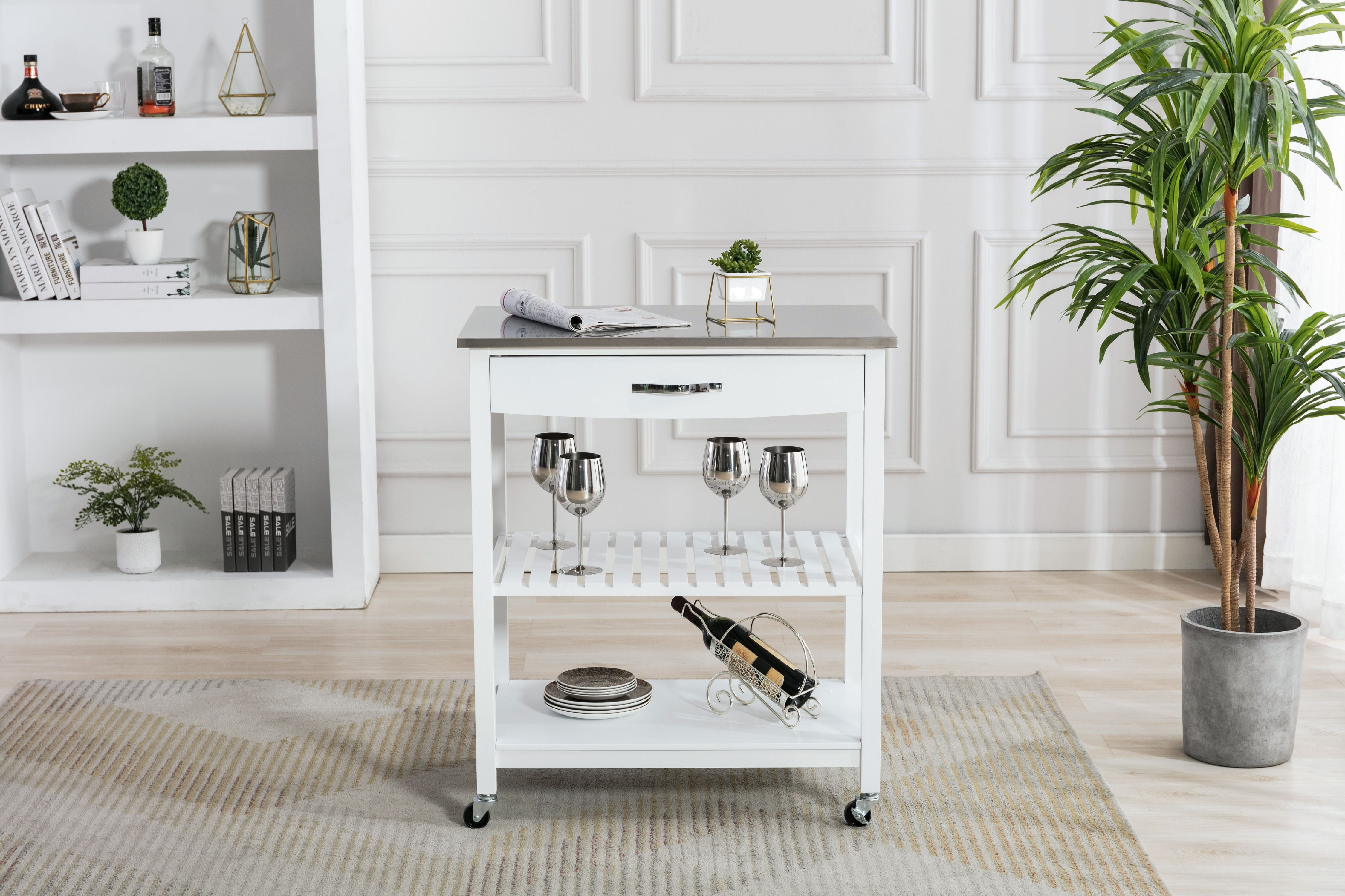 Boraam Holland 30"W Wood Kitchen Serving Cart with Stainless Steel Top ...