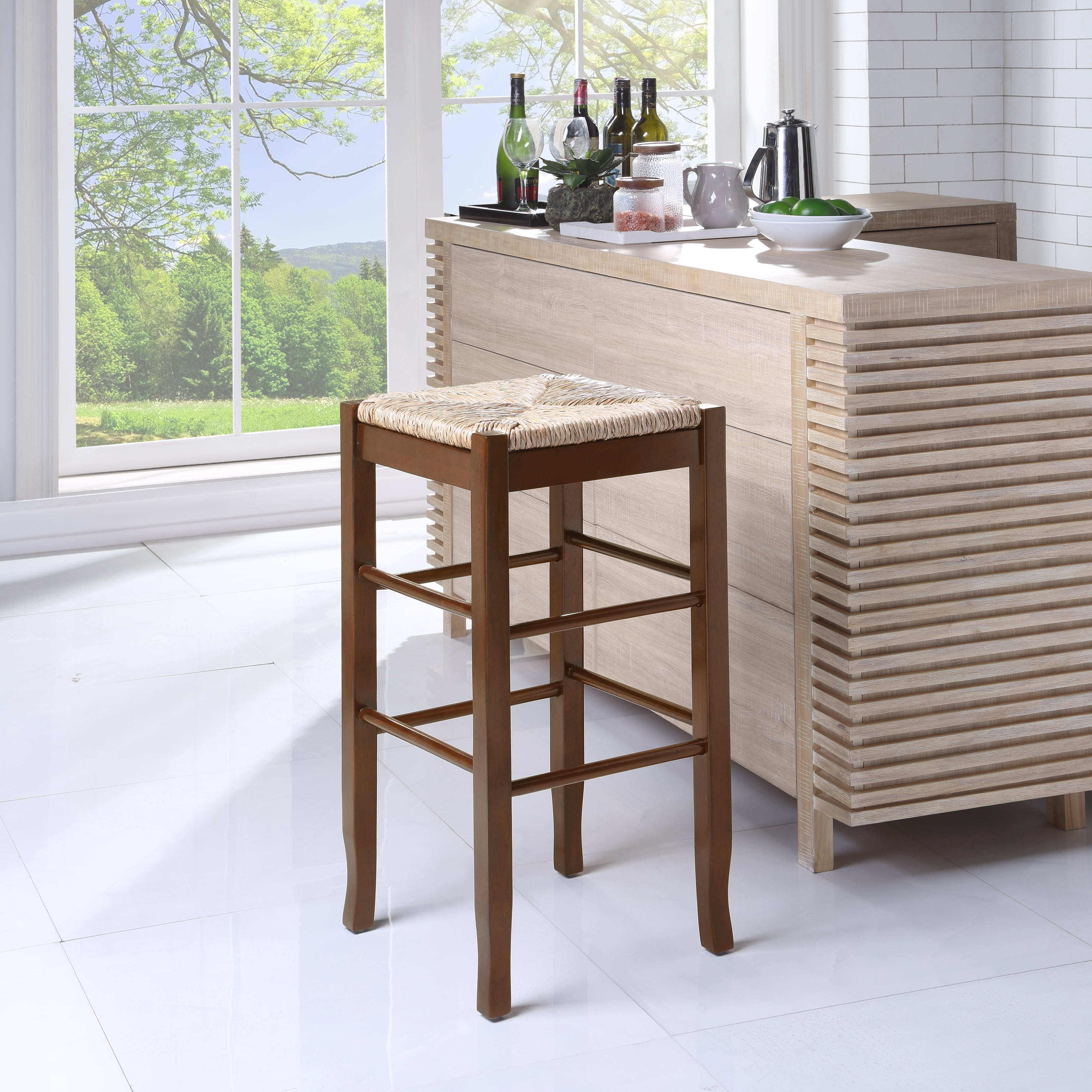 Boraam Square Rush 29in. Backless Wood Bar Stool, Cappuccino Finish ...