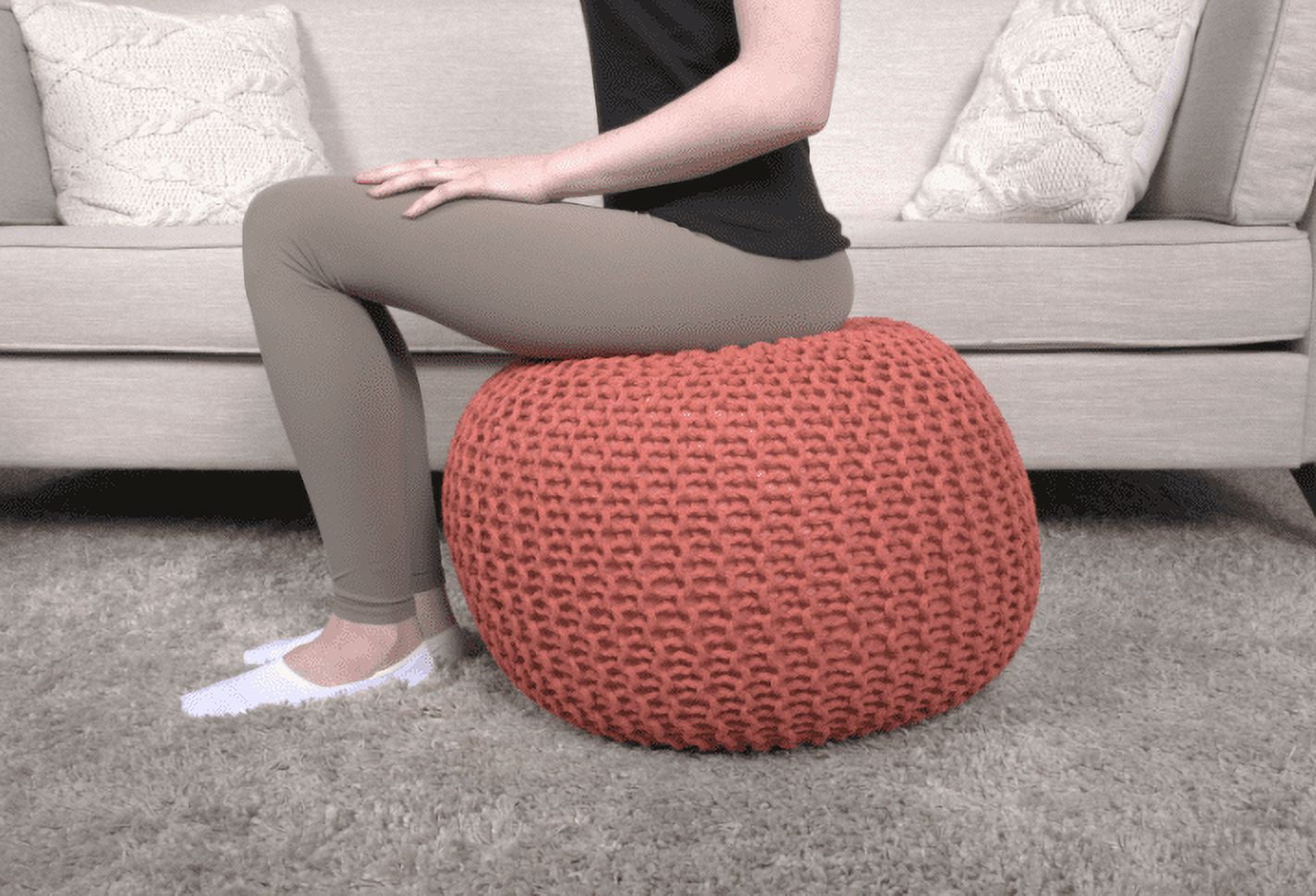 Bordeaux Knitted Cotton Round Pouf,Coral,Coral Cotton Furniture Primary ...