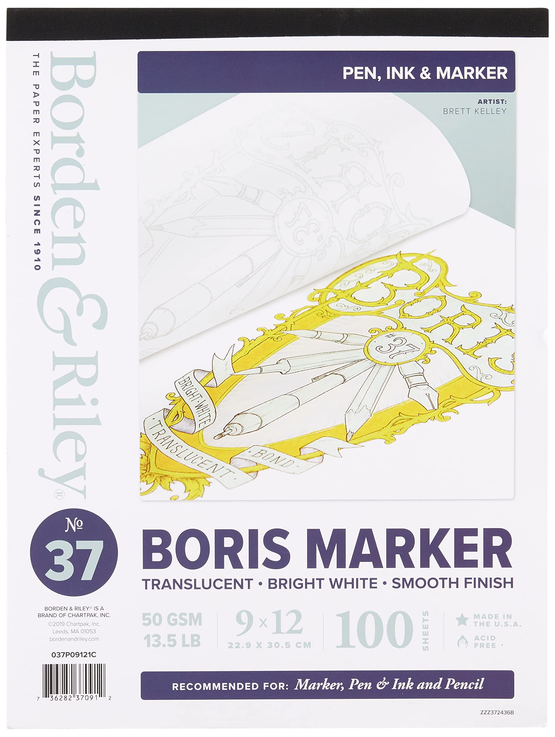 Borden & Riley 9" x 12" #37 Boris Marker Layout Bright White Translucent Bond Pad, 50 GSM/13.5lb ...