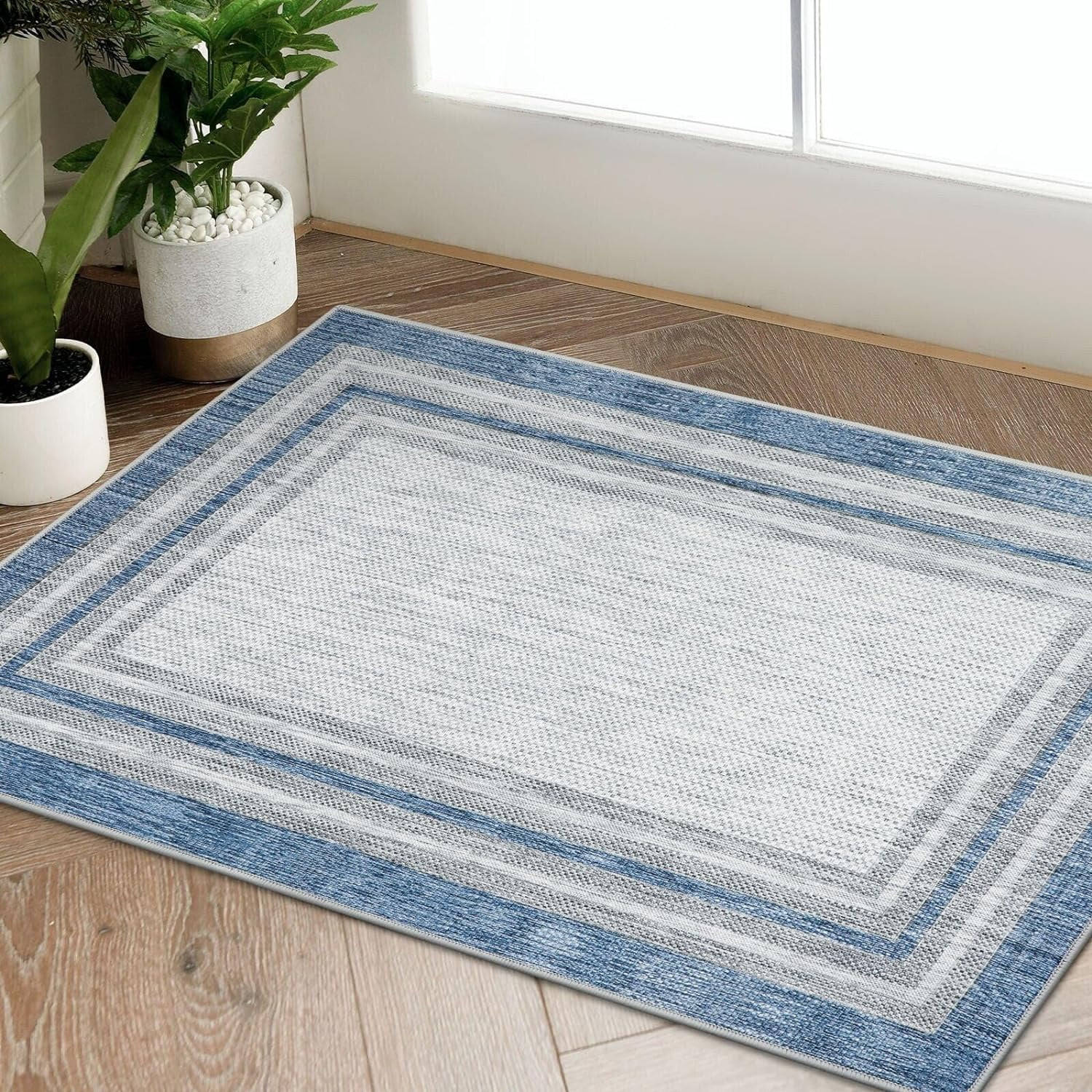 Border Blue Rugs for Entryway, Non Slip Washable 2x3 Throw Rugs with ...