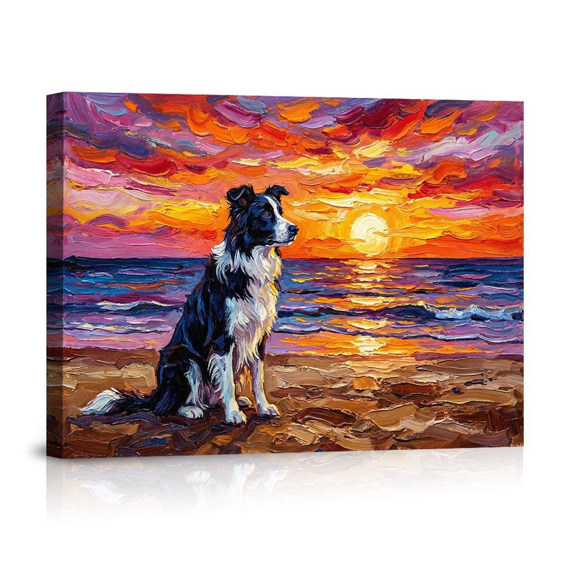 Border Collie Beach Sunset Impressionist Dog Ocean Scene Canvas ...