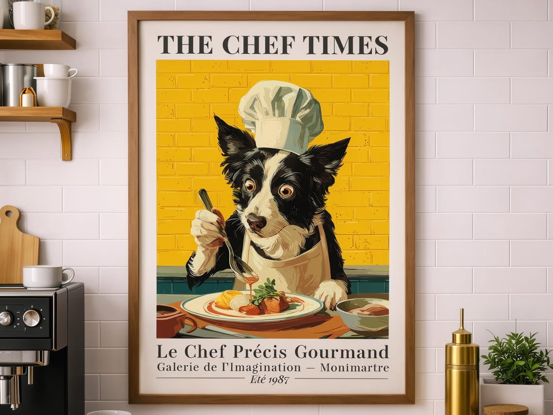 Border Collie Chef Kitchen Wall Art Gourmet Dog Decor, Unframed Canvas ...