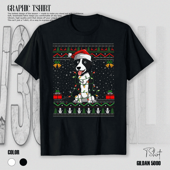 Border Collie Christmas Lights Ugly Sweater Festive Unisex T-Shirt ...