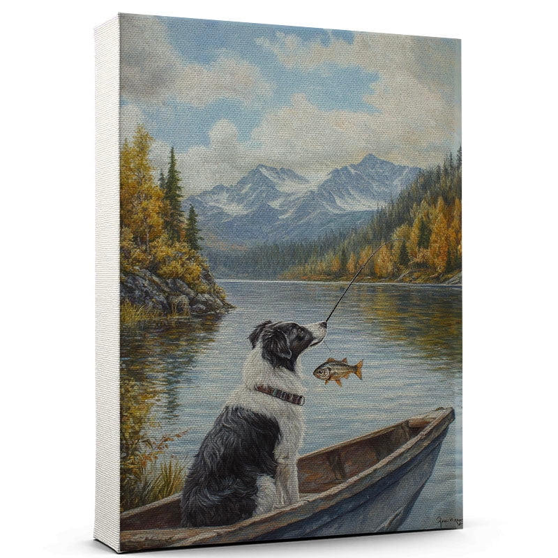 Border Collie Cute Dog Fishing Stretched Canvas Size 8x12 – Retro ...