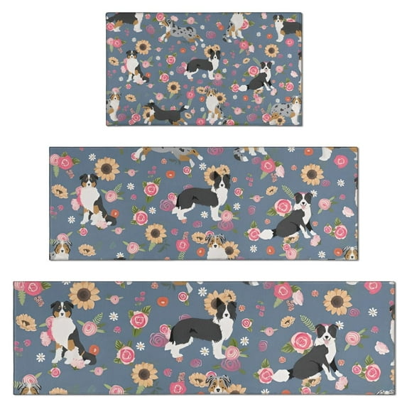 Border Collie Dog and Flower Florals Kitchen Rugs Sets Of 3,Kitchen ...