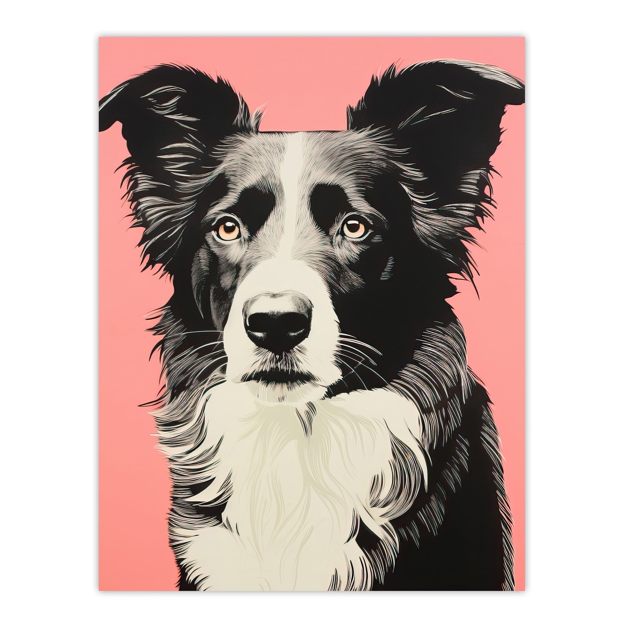 Border Collie Dog Pastel Tone Duotone Screen Print Black White And Peach Pink Risograph Artwork ...