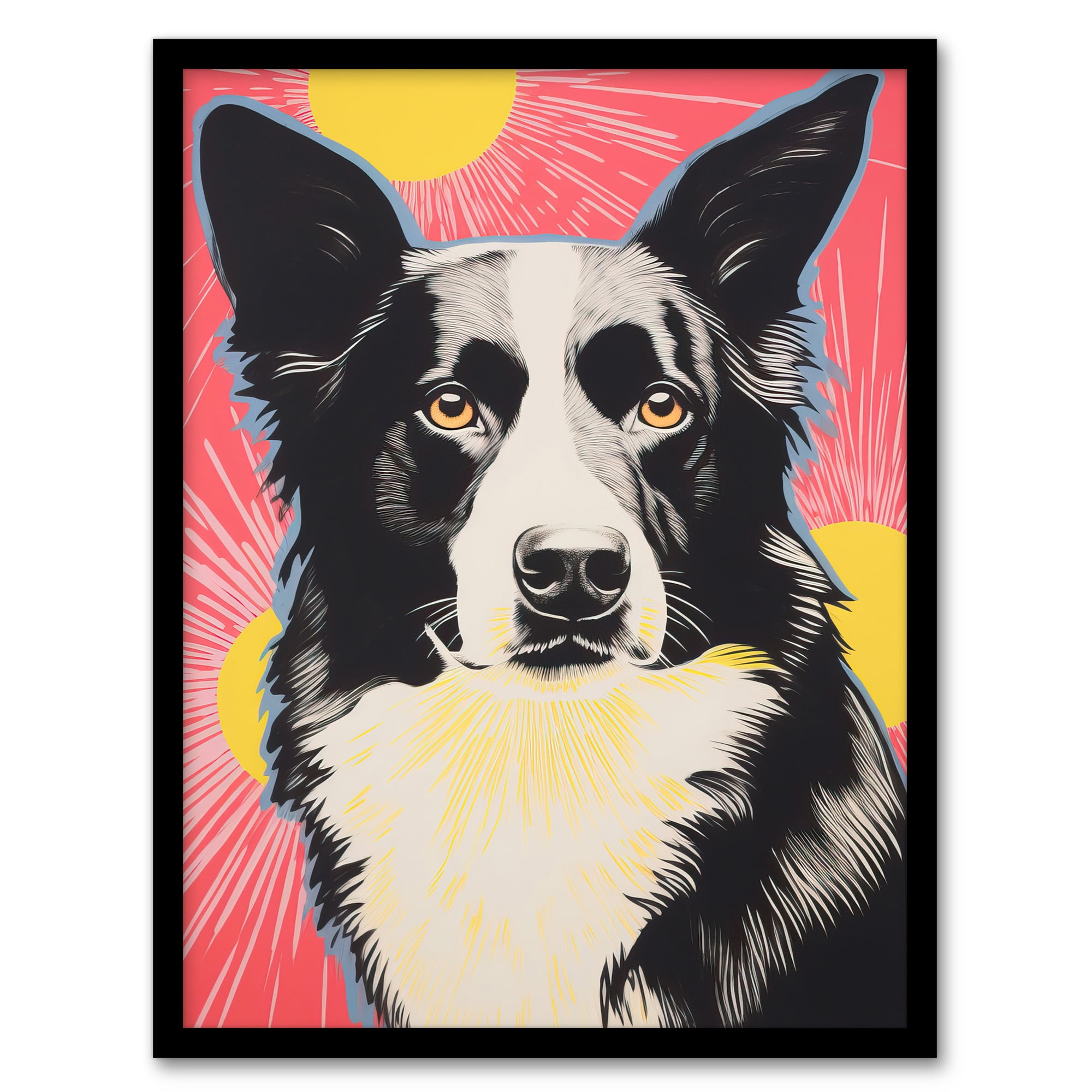Border Collie Dog Sunburst Retro Bold Vibrant Screen Print Risograph Artwork Spot Block Colour ...