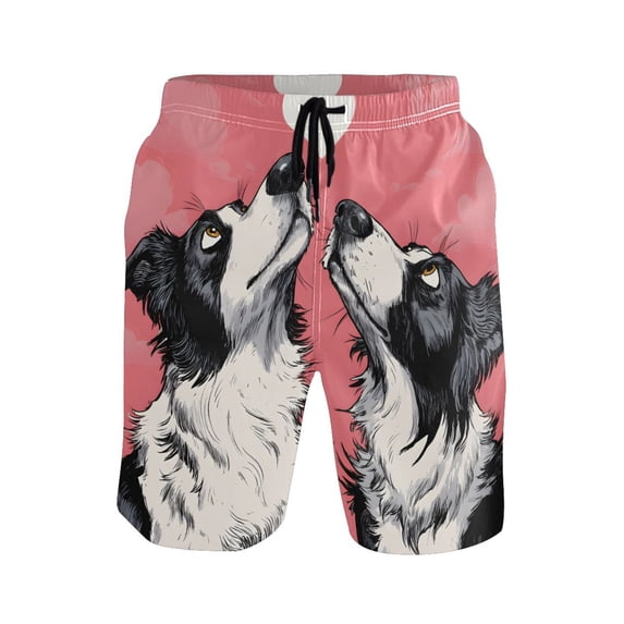Border Collie Dogs in Love Pink Background Mens Swim Trunks Quick Dry ...