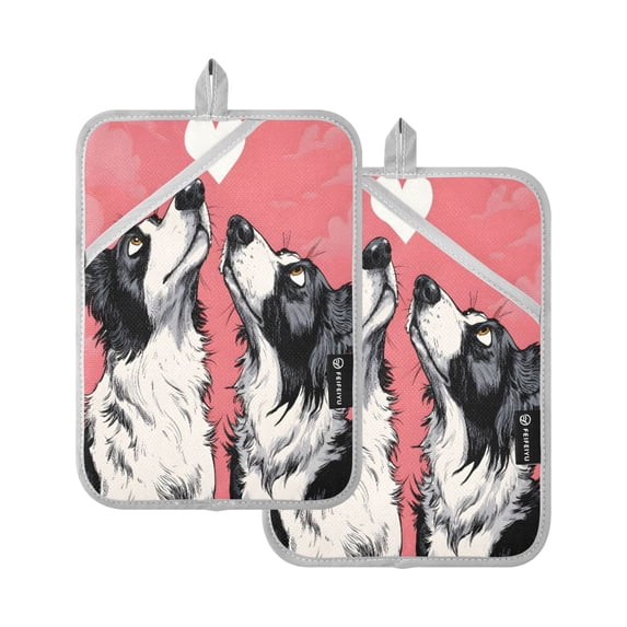 Border Collie Dogs in Love Pink Background Pot Holder Set 2 Piece Non ...