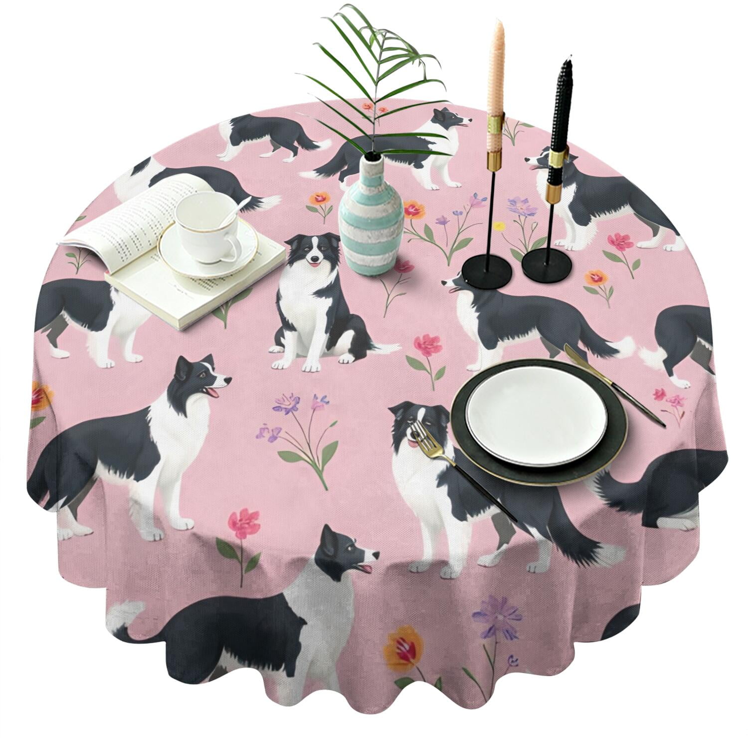 Border Collie Dogs with Pioneer Flower Round Tablecloth 60"x60",Wrinkle ...